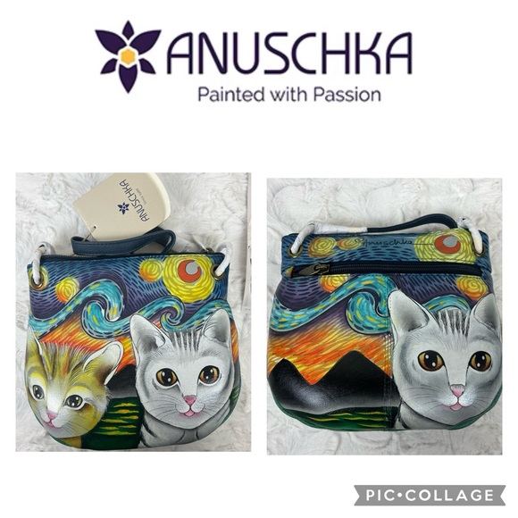 Anuschka | Bags | Nwt Anuschka Hand Painted Starry Nights Kittens Slim ...